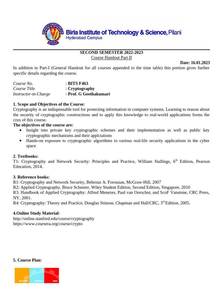 Bits F463 Cryptography - Handout | PDF | Cryptography | Public Key Cryptography