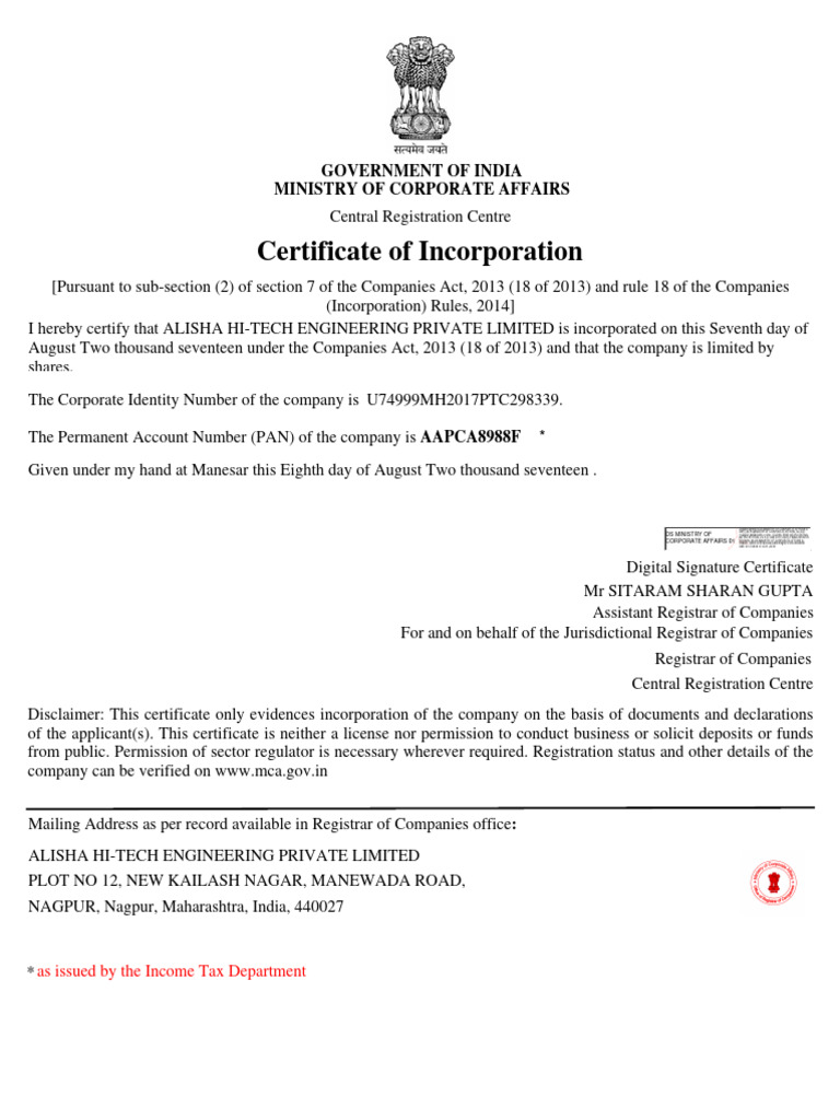 Certificate of Incorporation | PDF | Business | Taxes