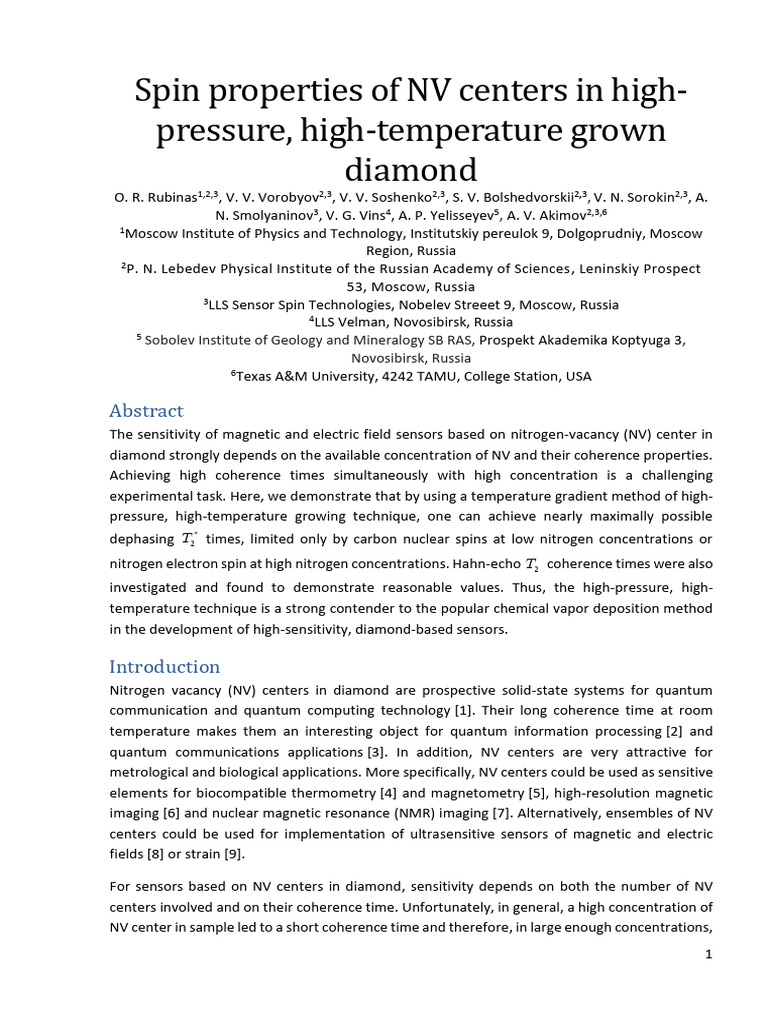 Spin Properties of NV Centers in High-Pressure, High-Temperature Grown ...