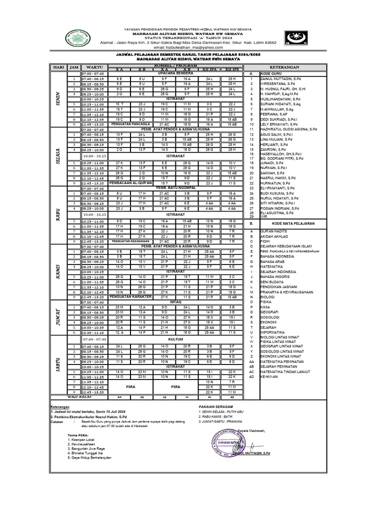Jadwal Pelajaran Semester 1 2024-2025-1 | PDF