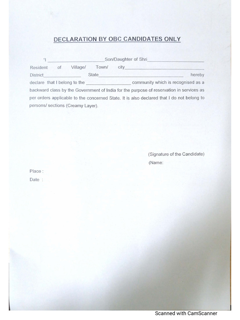 Format OBC Certificate and Declaration by OBC Candidates | PDF