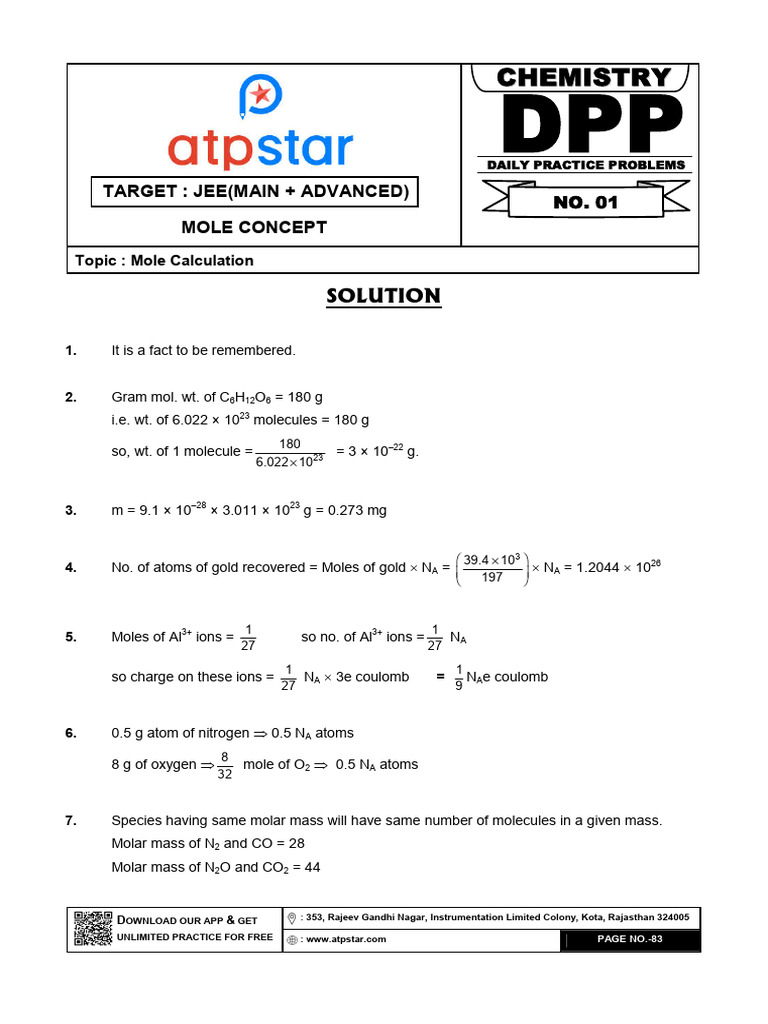 Mole DPPs Solutions | PDF | Mole (Unit) | Chemistry