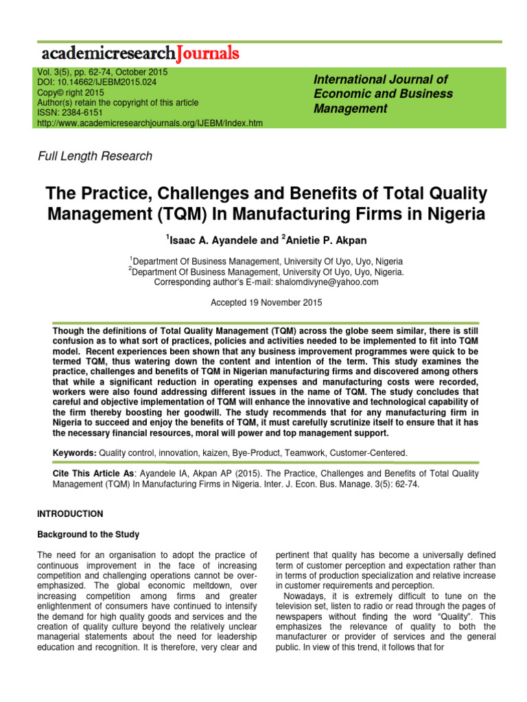 The Practice, Challenges and Benefits of TQM | PDF | Quality Management | Quality (Business)