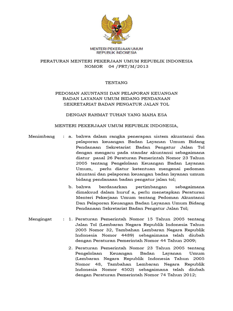 Permenpu Nomor 04 PRTM 2013 Tentang Pedoman Akuntansi Dan Pelaporan Keuangan Badan Layanan Umum ...