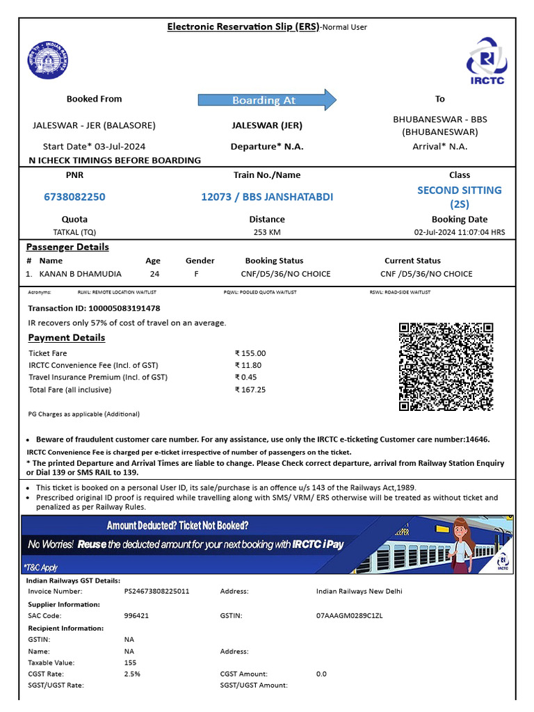 Jer To Bbs 03.07.2024 Train TCKT | PDF | Identity Document