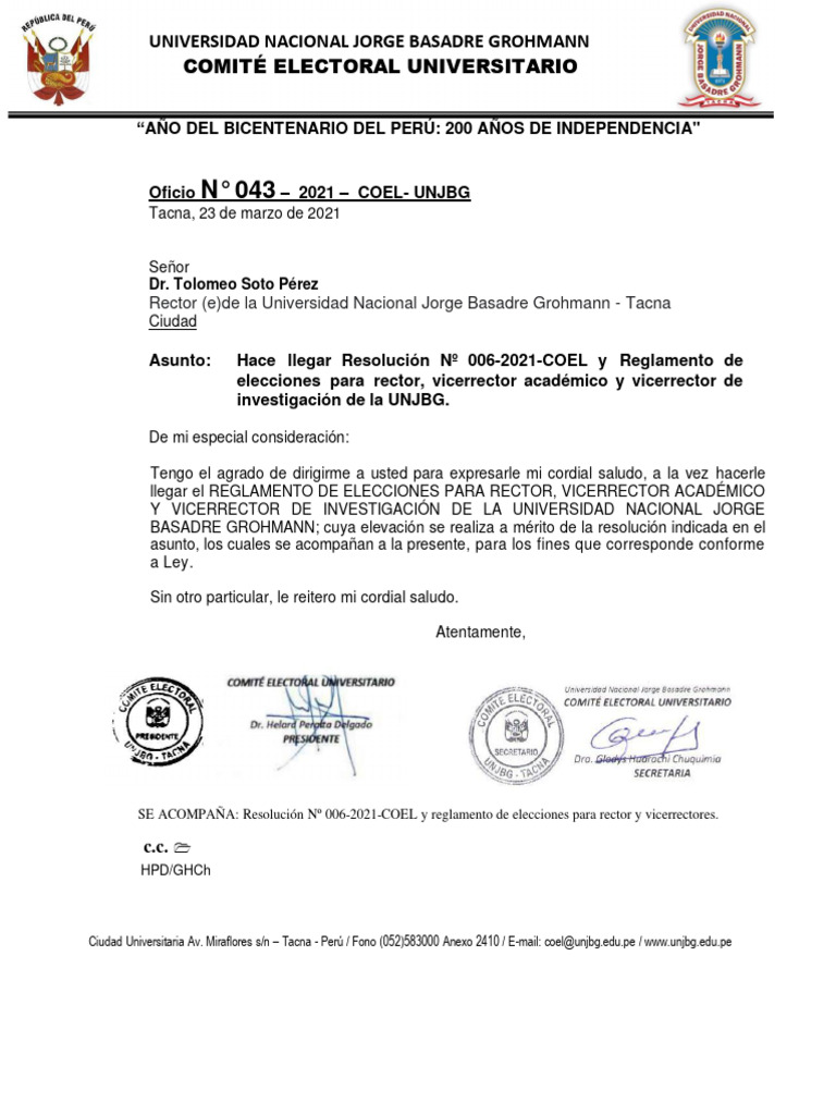 OFICIO 043 - 2021-COEL - Eleva REGLAMENTO ELEC. RECTOR Y VICERRECTORES | PDF | Documento de ...