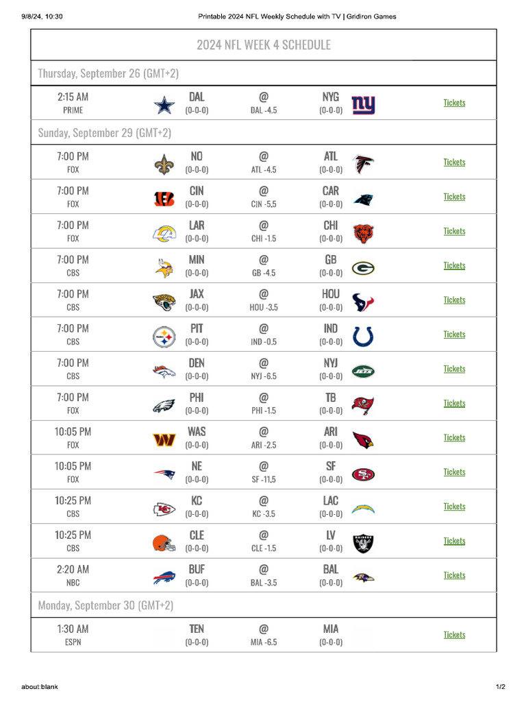 2024 NFL Weekly Schedule - Week 04 | PDF