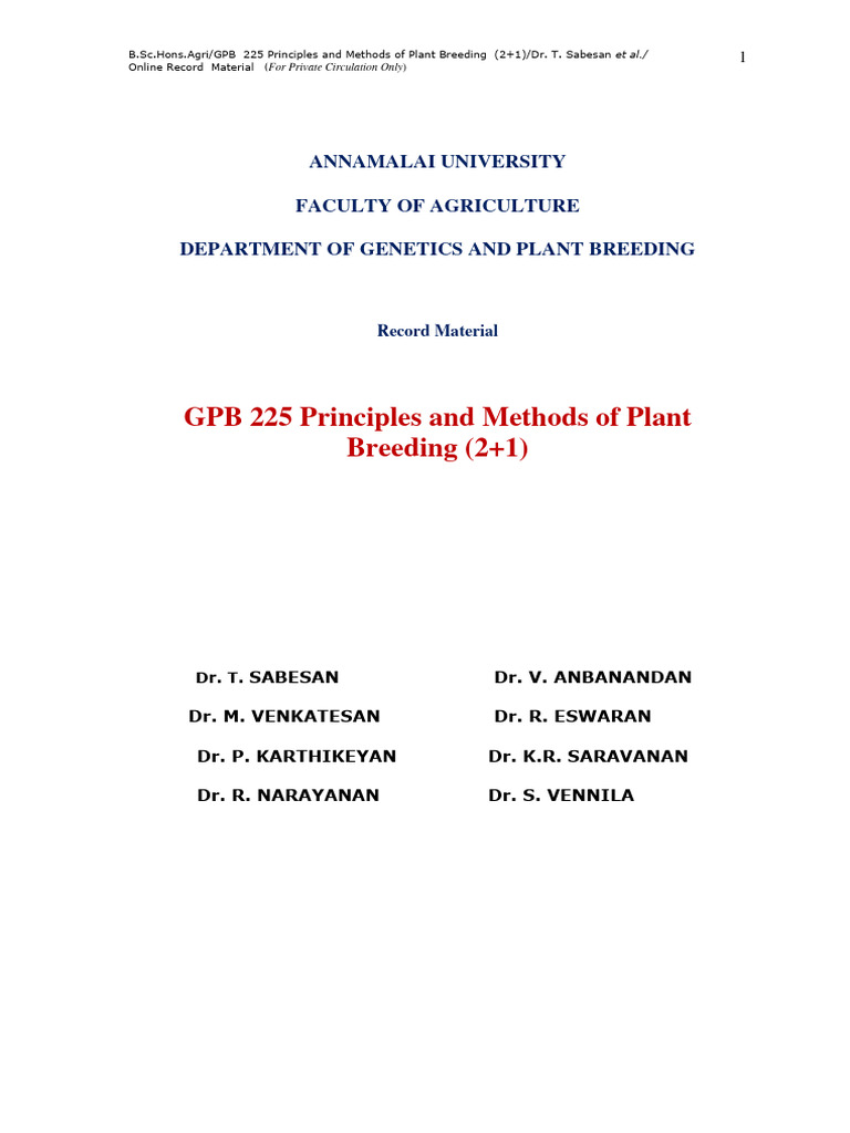 GPB 225 Principles and Methods of Plant Breeding-Record Material-T. Sabesan | PDF | Plant ...