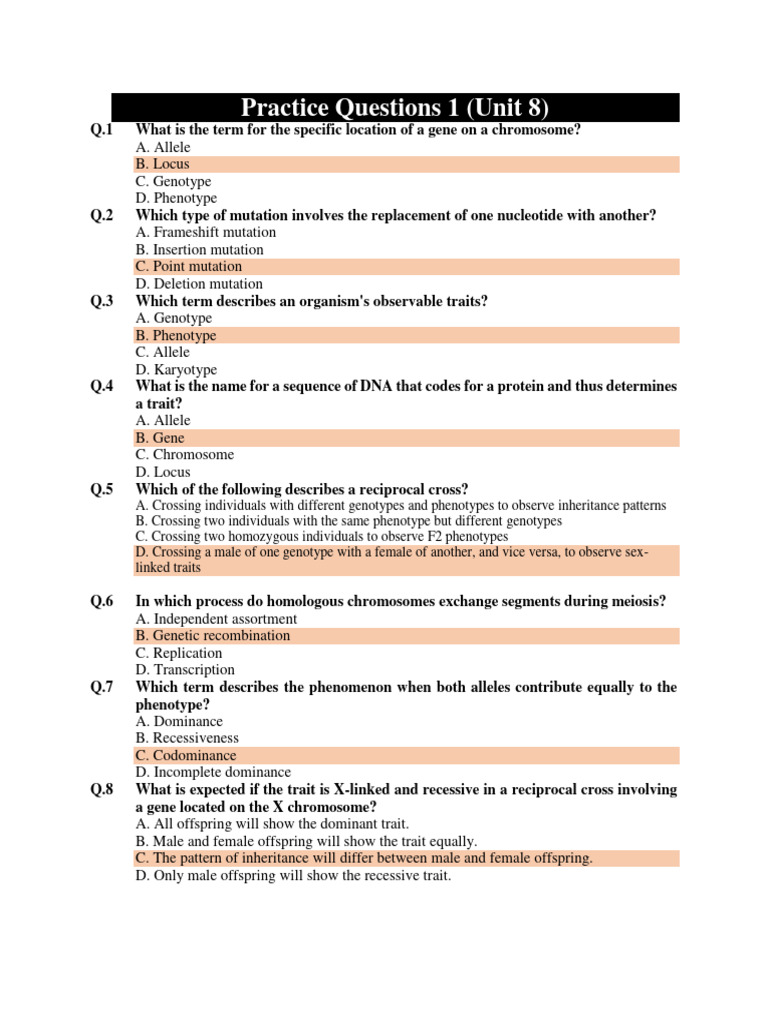 Unit 8 Practice Questions 1 - Teacher | PDF | Dominance (Genetics ...