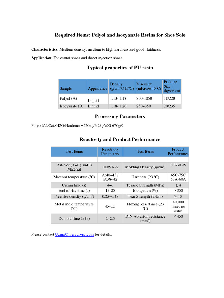 PUResinsFor ShoeSoles-DataSheet | PDF | Polyurethane | Industrial Processes