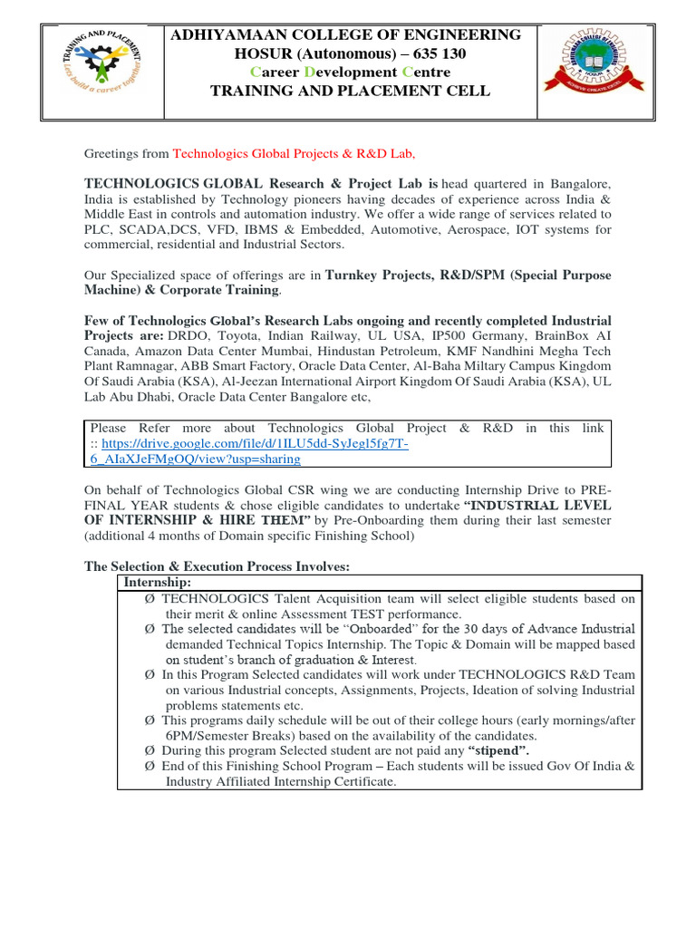 6.technologics Global Research & Project - Industrial Internship & Recruitment Program | PDF ...