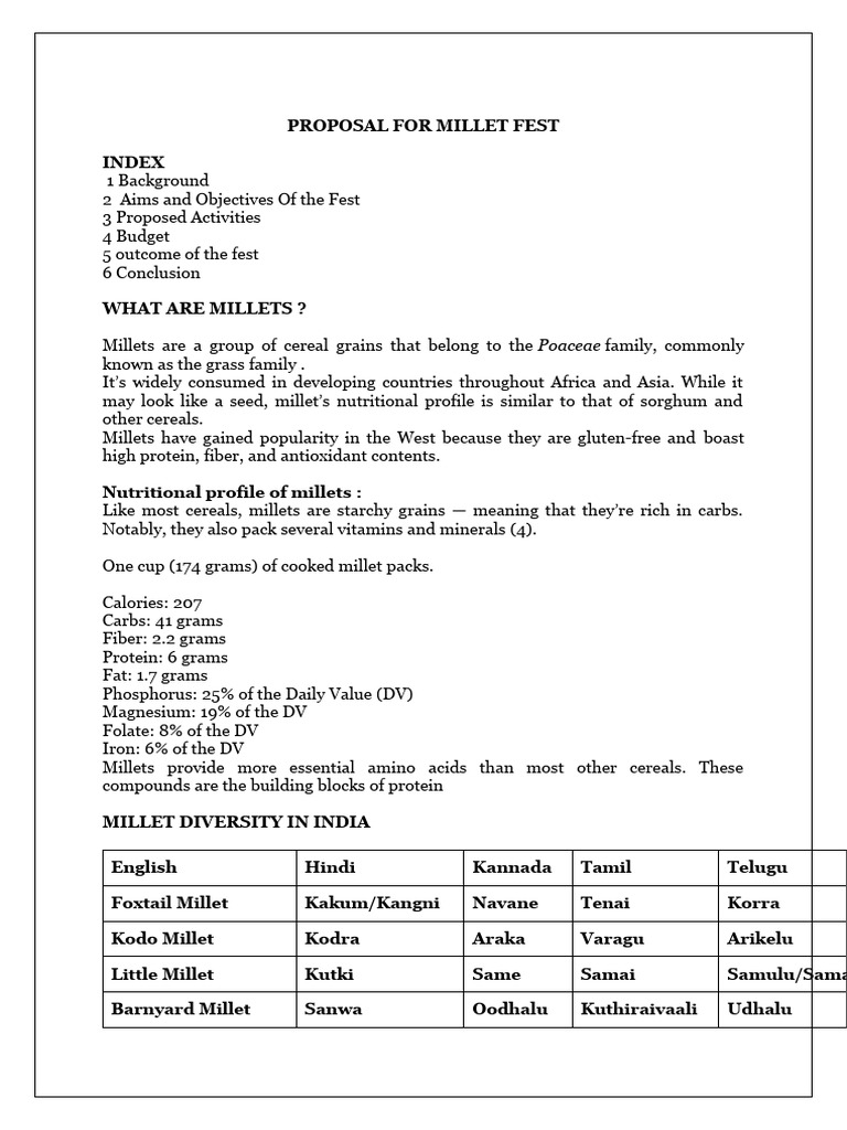 Promoting Millets: Fest Proposal | PDF | Indian Cuisine | Cereals