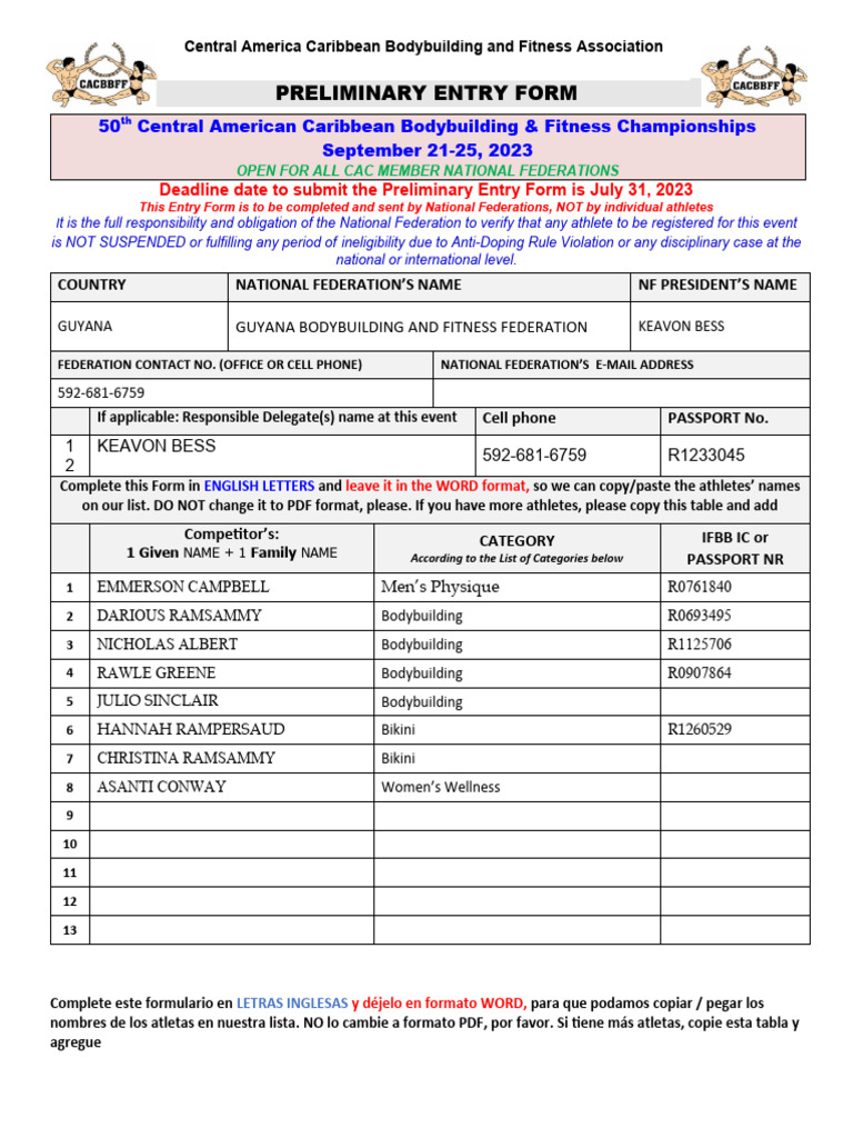 CAC Bodybuilding Championships Entry Form | PDF | Weight Training