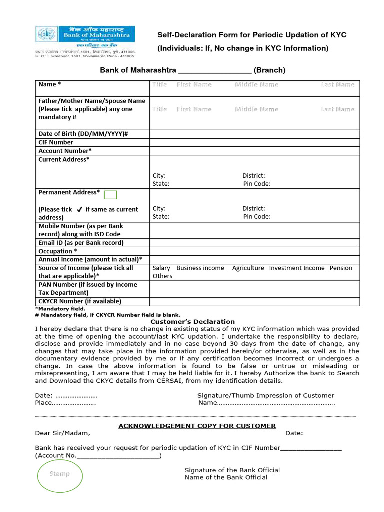 Self-Declaration Form For Periodic Updation of KYC (Individuals: If, No ...