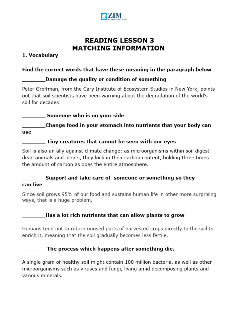 31.10.21 I Nhu Ngoc Reading Lesson 3 Matching Information | PDF | Soil | Agriculture