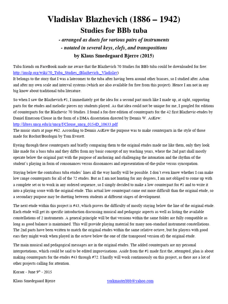 2 - Introduction Blazhevich Tuba Studies As Duets | PDF | Tuba | Musicology