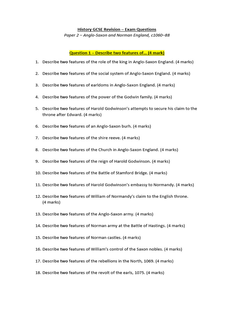 History GCSE Revision - Exam Questions - Anglo-Saxons | PDF | William ...