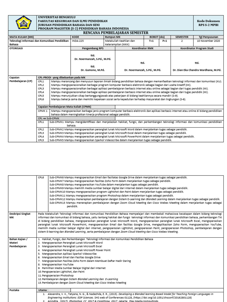 Contoh RPS Matakuliah TIK Pendidikan Bahasa | PDF | Komputer