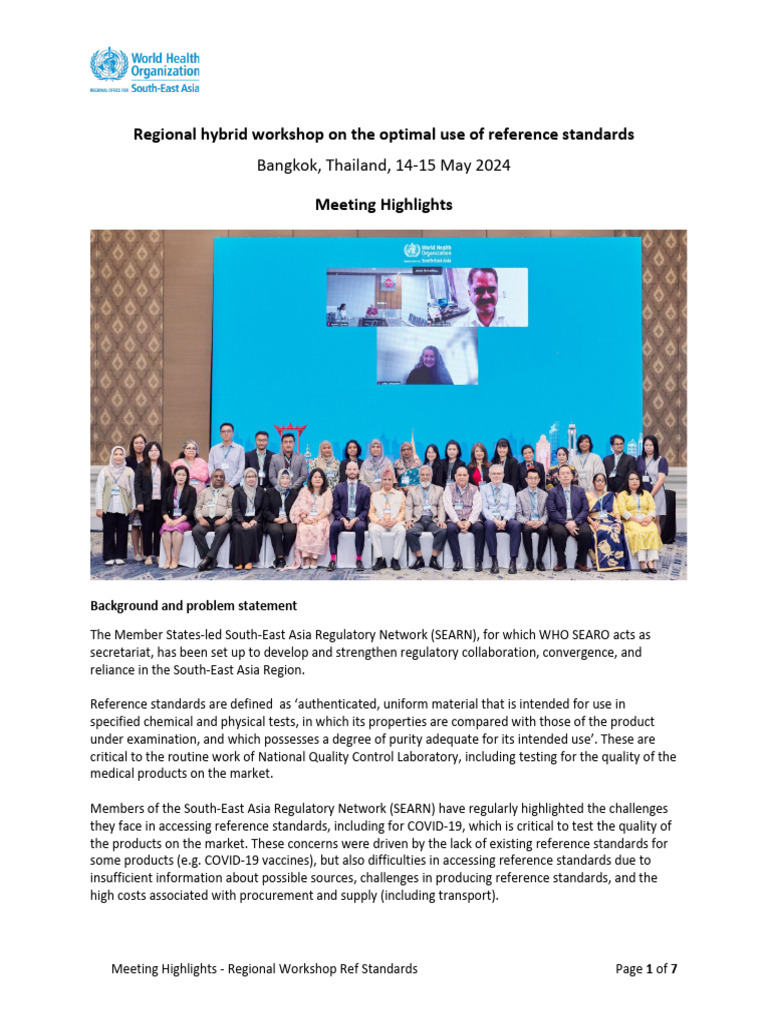 Final Highlights Workshop Ref Standards | PDF | World Health ...