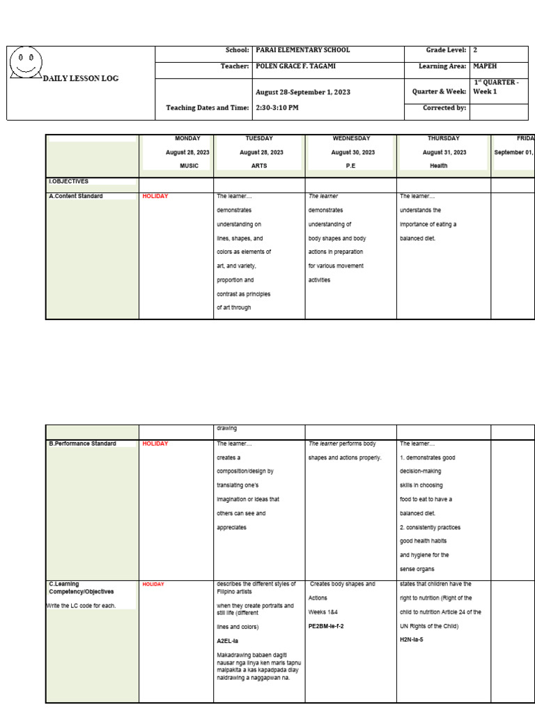 DLL MAPEH 2-Q1 - W1-Iloko | PDF