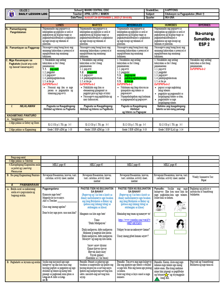 Q1 DLL Esp2 Week-1 | PDF