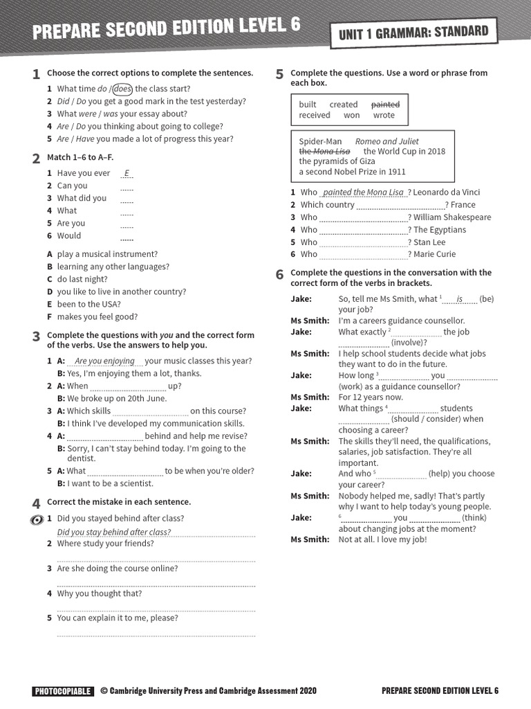 PREPARE 6 Grammar Standard Unit 01 | PDF | Linguistics | Grammar