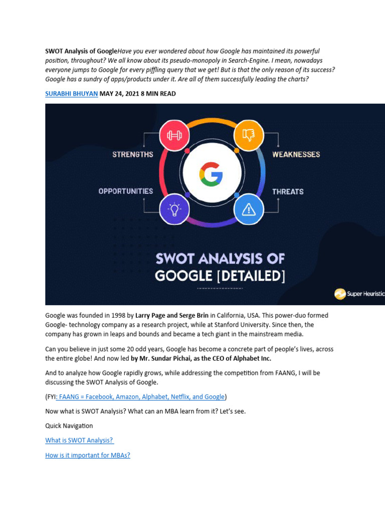 SWOT Analysis of Google | PDF | Swot Analysis | Cloud Computing