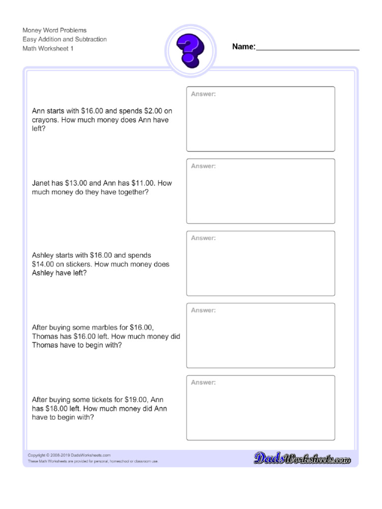 Math Worksheets - Money Word Problems - Money Word Problems - Money ...