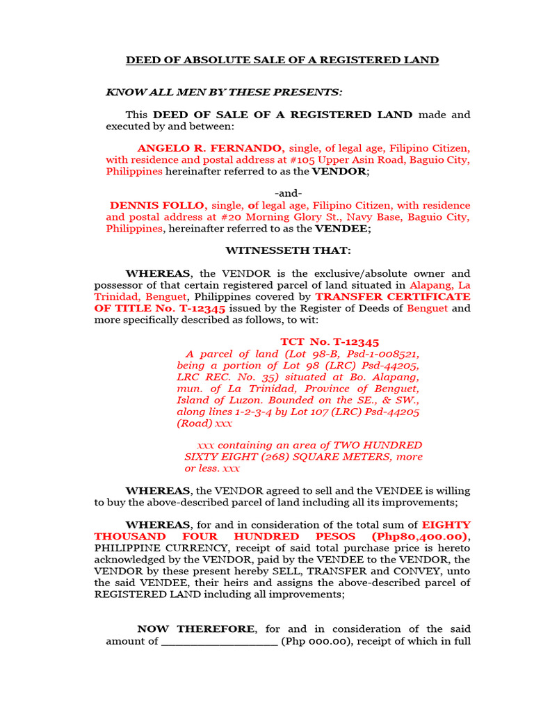 Deed of Absolute Sale: Registered Land | PDF | Property Law | Civil Law ...