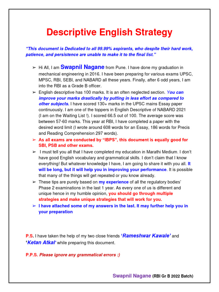 Descriptive English Startegy by Swapnil | PDF | Dalit