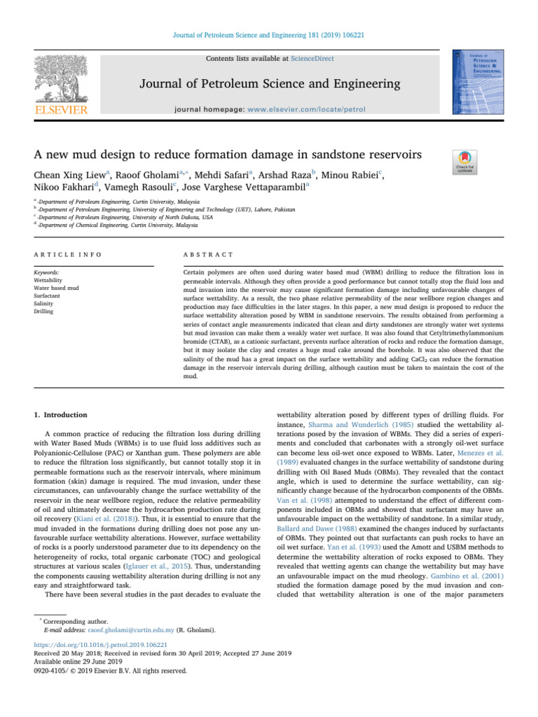 A New Mud Design To Reduce Formation Dam | PDF | Wetting | Surfactant