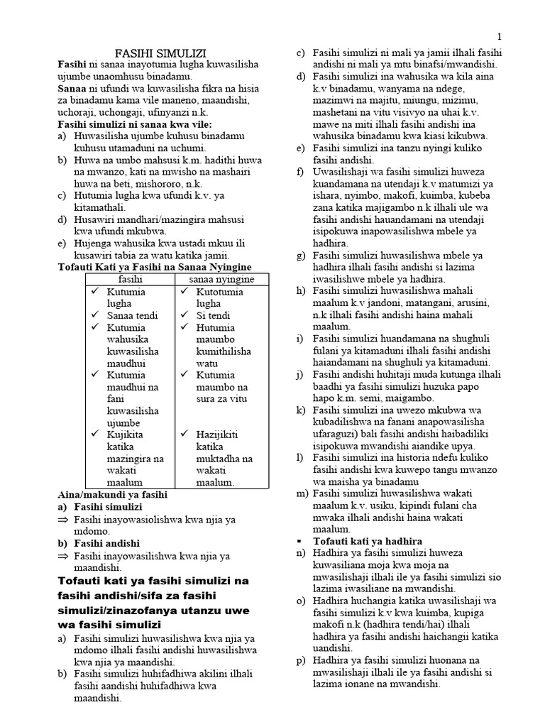 Fasihi Simulizi Notes | PDF
