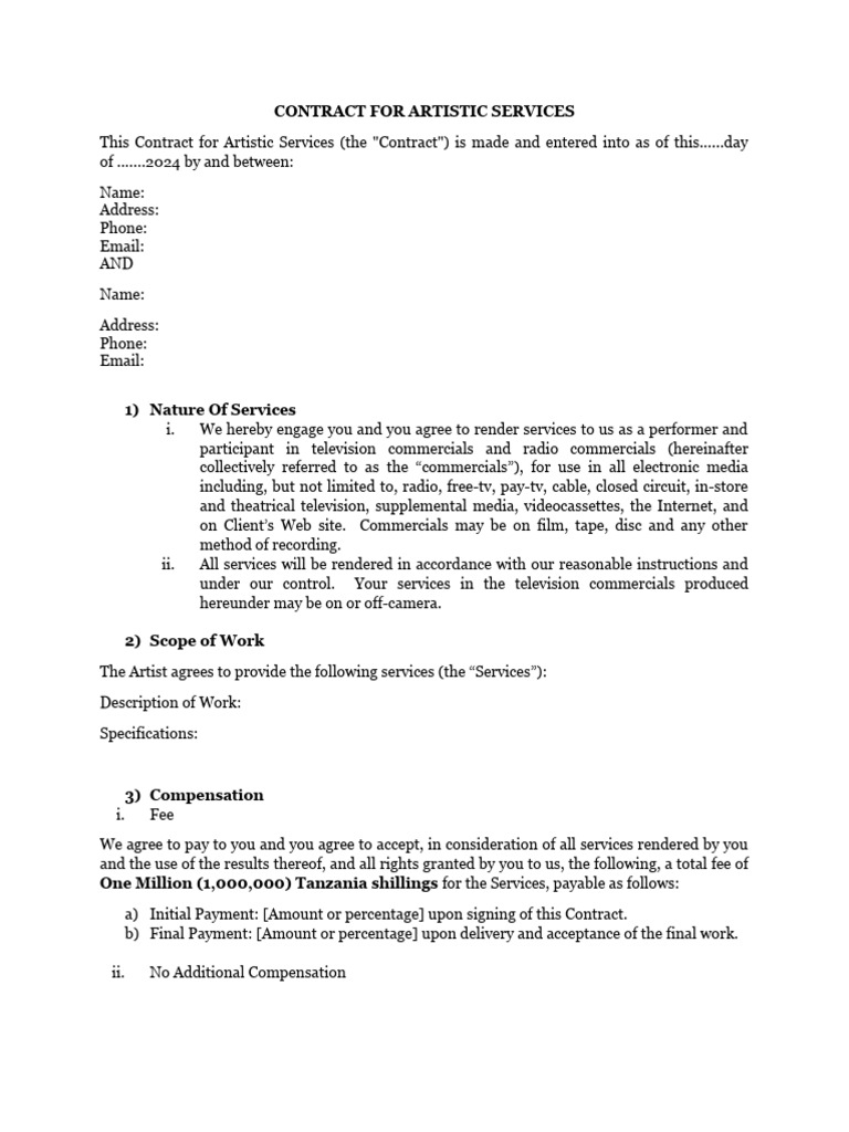 Artistic Services Contract Template | PDF | License | Business Law