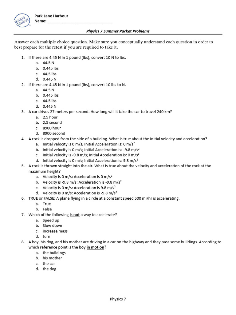 Grade7 - Physics - Study Questions | PDF | Waves | Weight