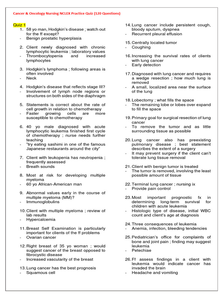 Cancer & Oncology Nursing NCLEX Practice Quiz | PDF | Cancer | Chemotherapy