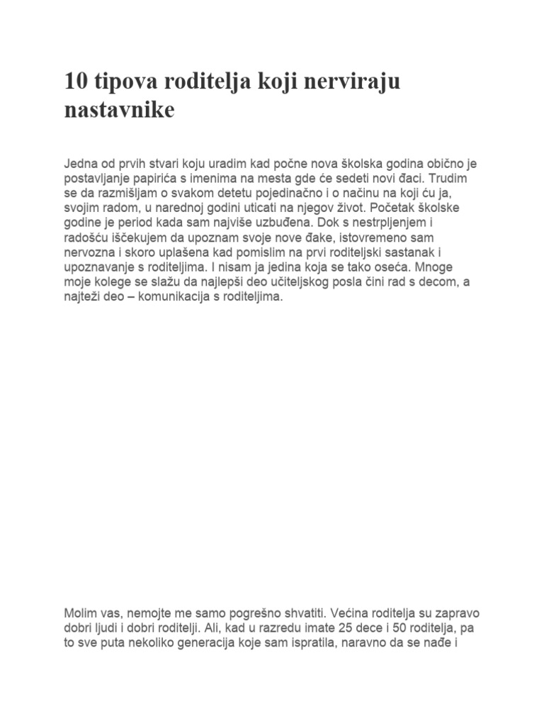 10 Tipova Roditelja Koji Nerviraju Nastavnike Pdf