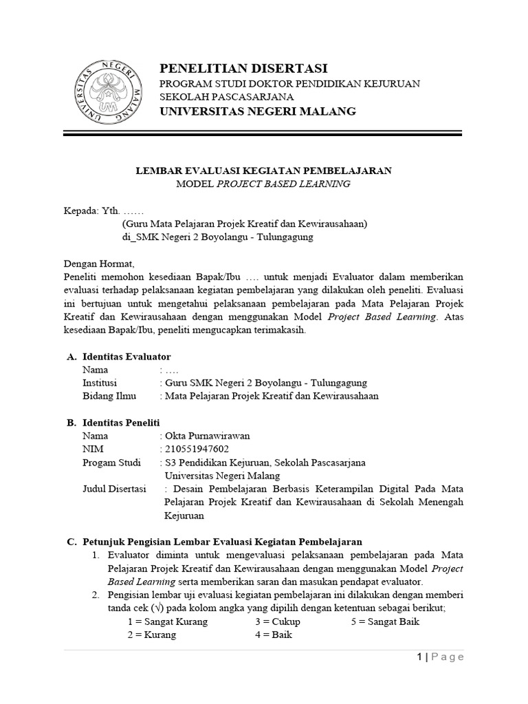 Evaluasi Pembelajaran Project Based Learning | PDF