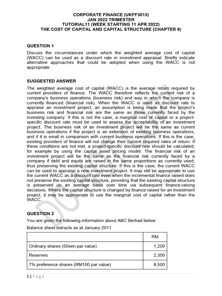 Tutorial 11 - Cost of Capital and Capital Structure | PDF | Cost Of Capital | Dividend
