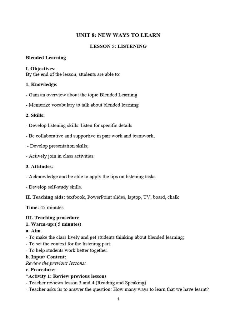 GiaoAn Lesson5 Listening Unit8 New Ways To Learn | PDF | Learning | Teachers