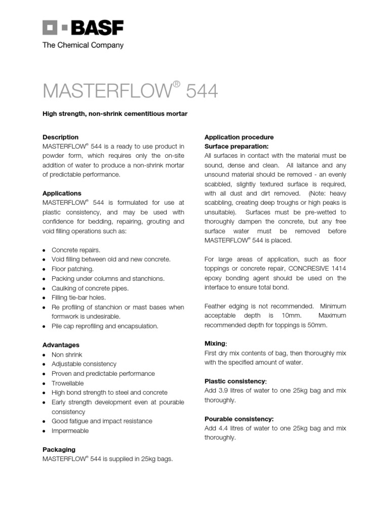 Masterflow 544 | PDF | Mortar (Masonry) | Concrete