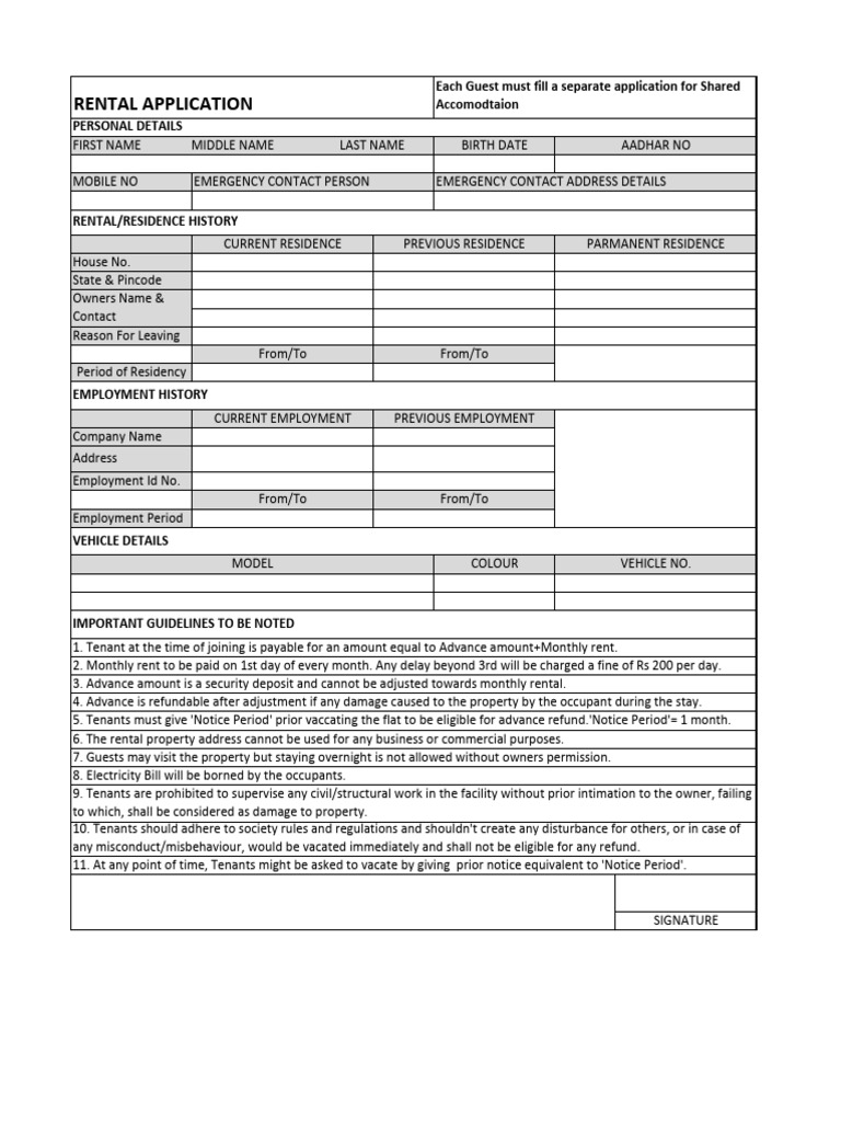 Rental Application: Each Guest Must Fill A Separate Application For Shared Accomodtaion Personal ...