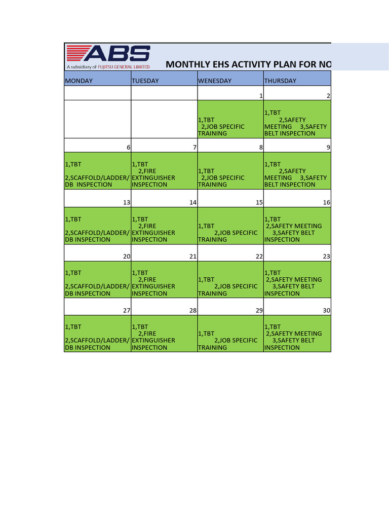 Monthly Ehs Activity Plan Nov Pdf Computers Technology And Engineering 0368