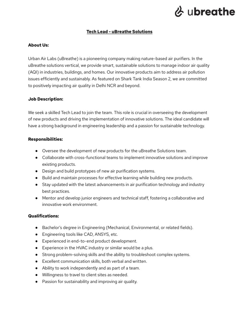 JD - Tech Lead - UBreathe Solutions | PDF | Art