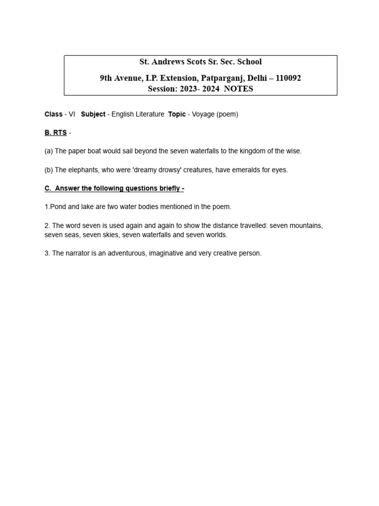 Class 6 Voyage Poem Summary & Q&A | PDF | Classics