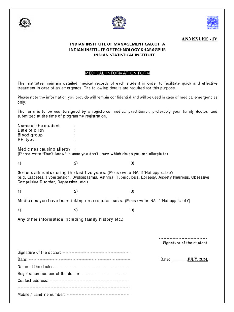 PGDBA - Batch-10 - Registration - Annexure - IV | PDF | Allergy | Health Care
