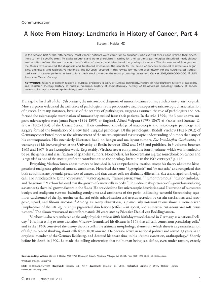 A Note From History - Landmarks in History of Cancer - 4 | PDF | Cancer ...