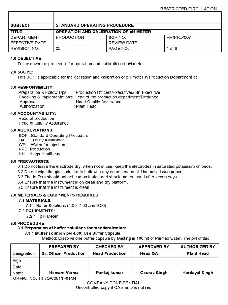 pH Meter Operation and Calibration SOP | PDF | Ph | Physical Chemistry