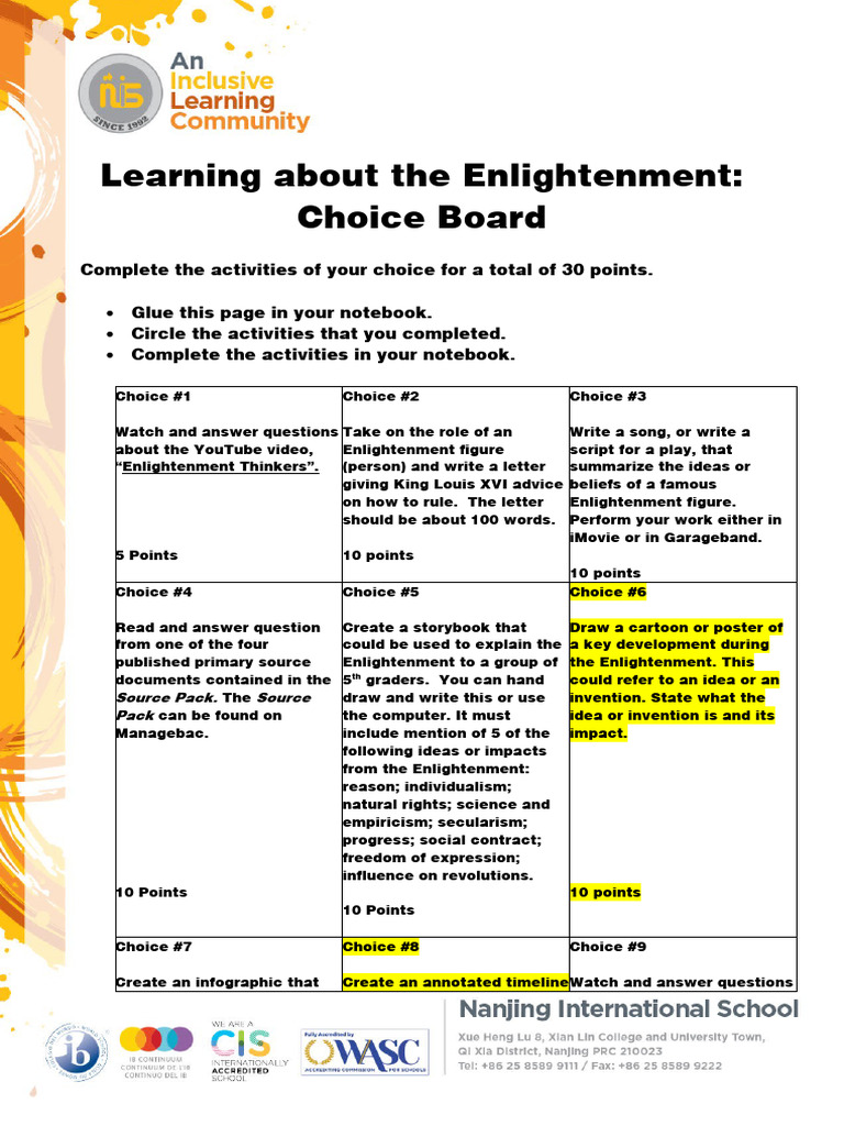 01 Enlightenment Choice Board | PDF | Age Of Enlightenment | Liberty