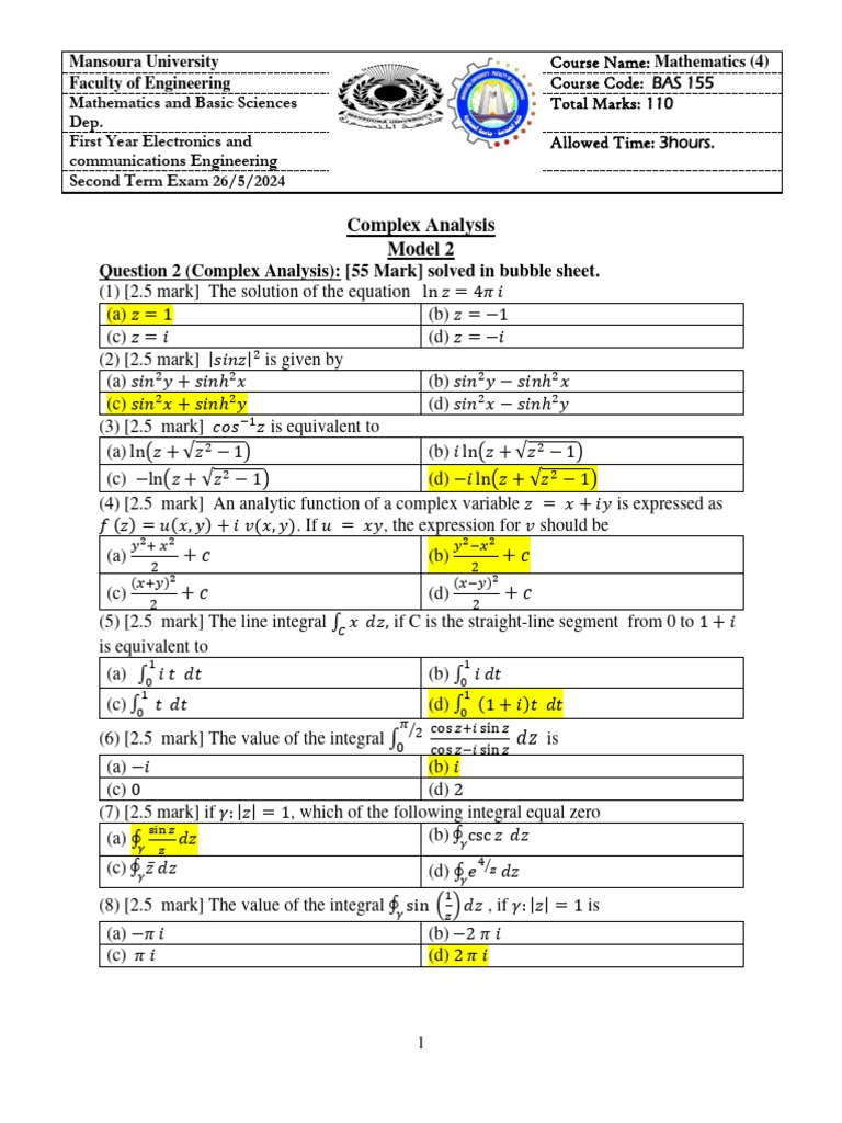 Answer-Final Exam-Model 2 | PDF | Mathematical Analysis | Complex Analysis