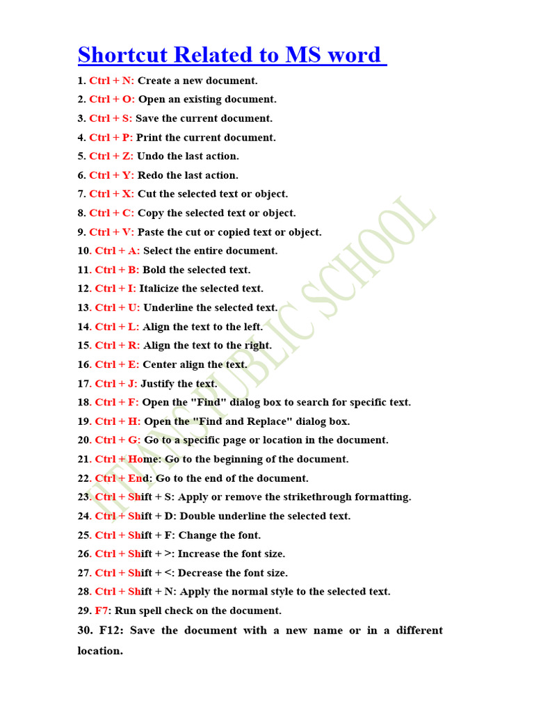 Shortcut For Ms Word | PDF